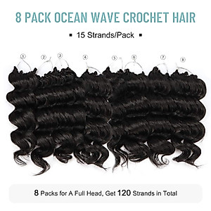 ToyoTree Ocean Wave Crochet Hair - 9 Inch 8 Packs Natural Black Short Curly Deep Wave Crochet Hair, Synthetic Ocean Wave Braiding Hair Extensions (9 Inch,1B-8P)