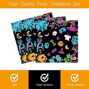 96 Pcs Neon Halloween Party Supplies for 24 Guests Spooky Costume Tableware Plates Napkins Glow Party Dinnerware Table Decorations Happy Halloween Party Favor for Kids Teen Adult