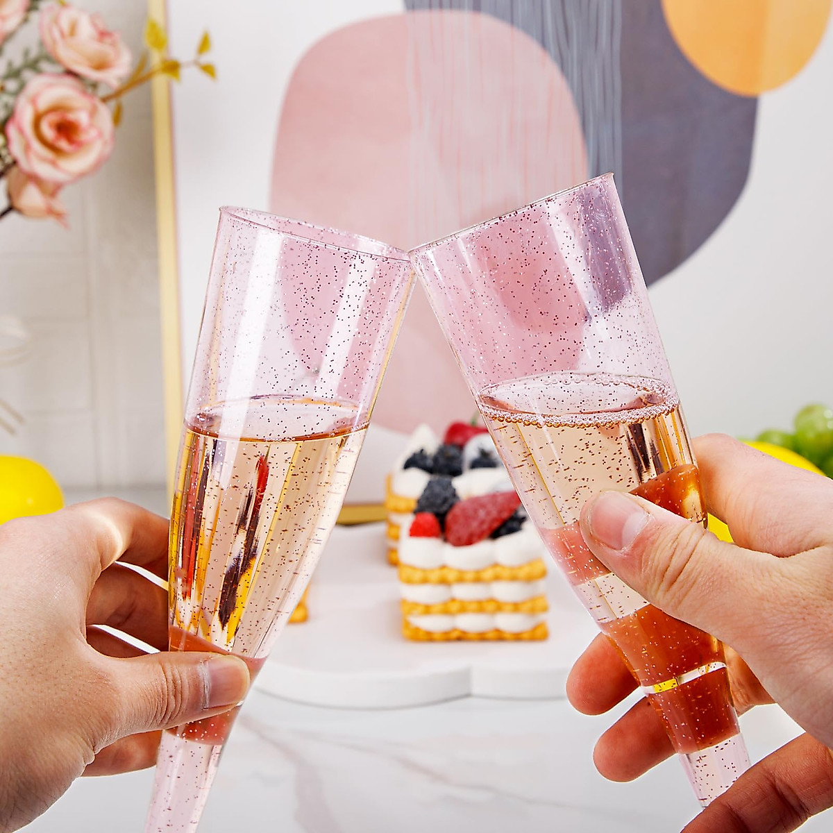 WDF 36 Pack Pink Glitter Plastic Champagne Flutes - 7OZ Pink Champagne Flutes Plastic, Champagne Glasses Glitter Pink Champagne Flutes, Plastic Flutes Champagne Disposable for Party & Wedding