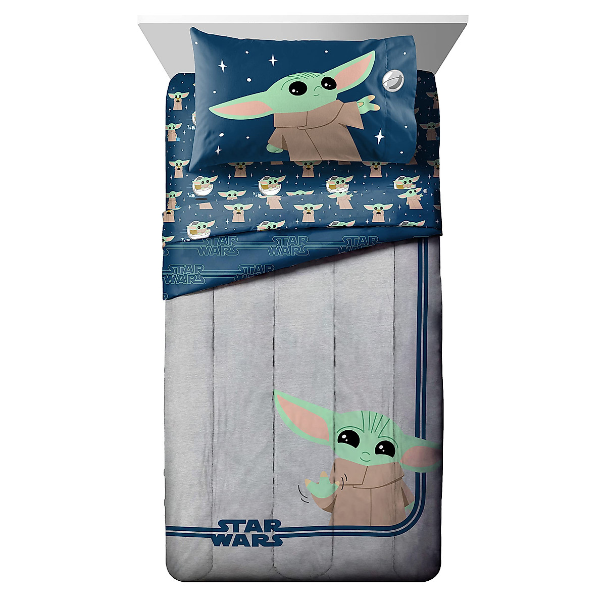 Jay Franco Star Wars The Mandalorian Hello Grogu 7 Piece Full Size Bed Set - Includes Comforter & Sheet Set - Super Soft Kids Bedding Fade Resistant Microfiber (Official Star Wars Product)