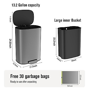 Ufurpie 13 Gallon Trash Can Metal Foot Pedal Stainless Steel Kitchen Trash Can with Lid Quiet Soft Close, Large Garbage Can with 30 Garbage Bags for Office, Living Room, Bathroom, Home & Commercial