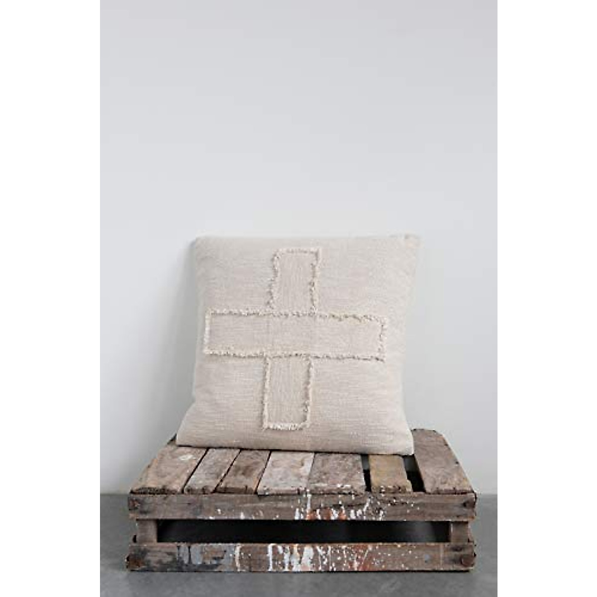 Creative Co-Op DF2389 Square Cotton Mudcloth Fringed X Pattern Pillow, Off-White