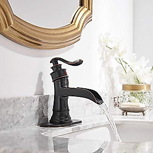 Oil Rubbed Bronze Bathroom Faucet Waterfall Sink Basin Single Handle Bath Lavatory Farmhouse Faucets Antique Black One Hole Lever Spout Mixer Tap Commercial Supply Hose Lead-Free