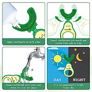 NovaBee U Shaped Toothbrush for Children – 4 Pack Set Avocado Handle and 3 Food Grade Silicone Brush Heads - 360 Whole Mouth Manual Ergonomic Toothbrush for Toddlers and Kids Ages 2-7