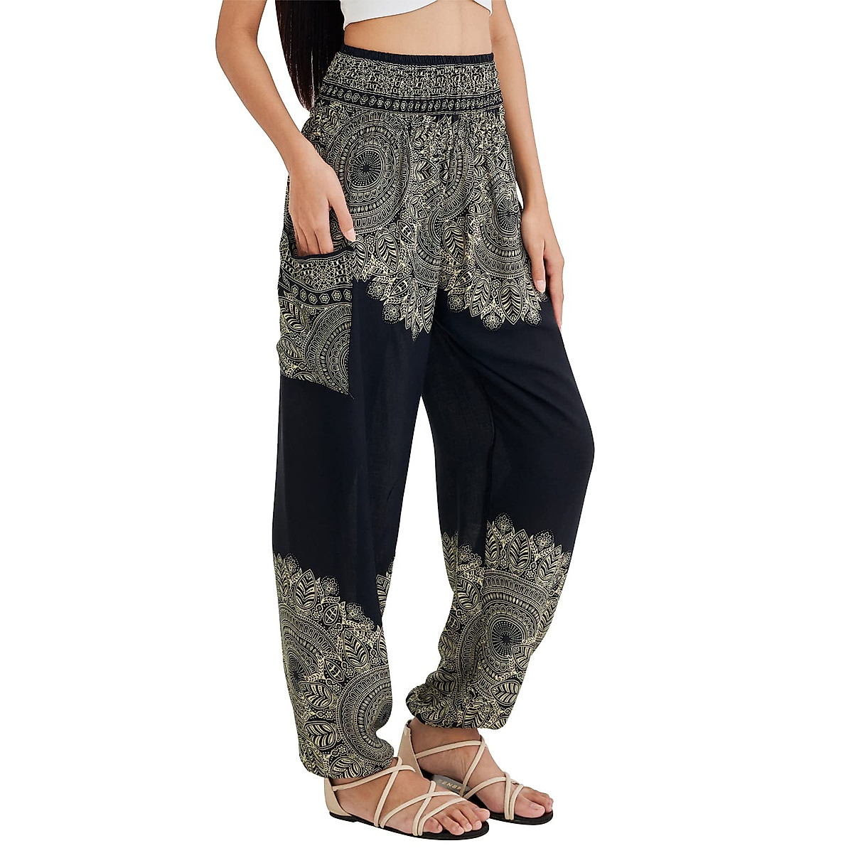 Joob Joob Boho Pants for Women - Hippie Harem Pants Women - Womens Yoga Pants – Comfy Bohemian Flowy Hippie Clothes - Black Medium