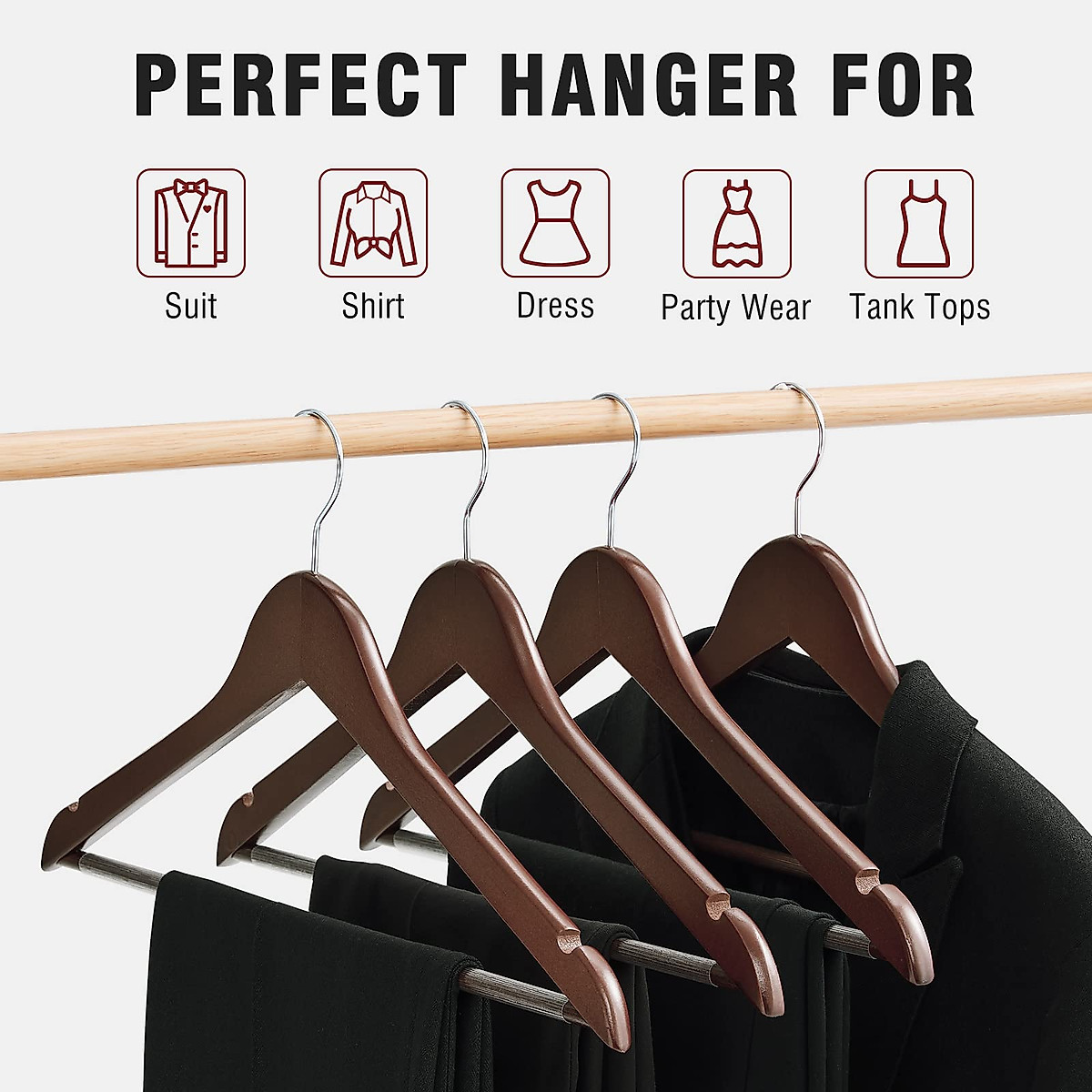 TECHMILLY 20 Pack Solid Wooden Suit Hangers, Heavy Duty Coat Hangers for Closet, Smooth Finish Clothes Hangers with 360° Swivel Hook & Non Slip Pant Bar & Cut Notches for Shirt, Walnut
