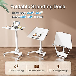 Joy Seeker Foldable Mobile Standing Desk, Pneumatic Height Adjustable and Tilt Rolling Sit Stand Desk, 90° Tiltable Portable Laptop Desk Cart on Wheels White Workstation for Home Office, Easy to Fold