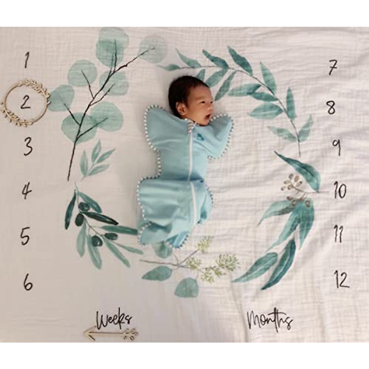 Organic Baby Monthly Milestone Blanket Newborn Boy Girl Unisex Gender Neutral| Green Leaf Wreath Eucalyptus Baby Nursery Month Picture Blanket| Growth Photography Background Prop|Birth Announcement