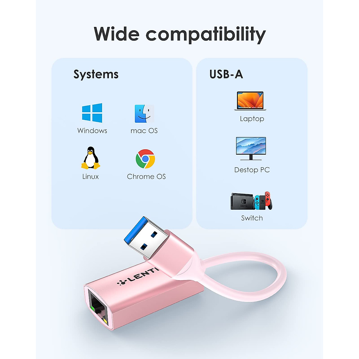 LENTION USB 3.0 Type A to Gigabit Ethernet Adapter, 1000M RJ45 Wired LAN Network Converter Compatible with Nintendo Switch, MacBook Pro/Air, Surface, Chromebook, Most Windows Laptops (HU604,Rose Gold)