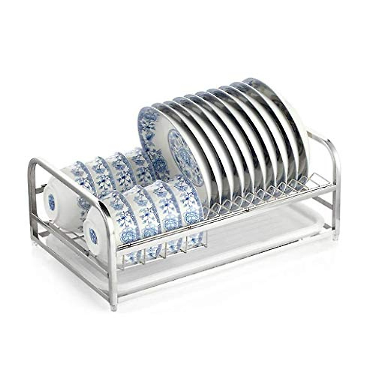 STRAW Silver Drain Rack - Stainless Steel Single-layer Dish Drain Rack with Drain Pan for Storage Bowl Rack