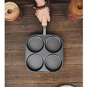 DJKG Uncoated Egg Frying Pan Egg Cooker Omelet Pan with 4-Cups Pancake Pan Cast Iron Cooker for Breakfast, Gas Stove & Induction Compatible Wooden Helper Handle