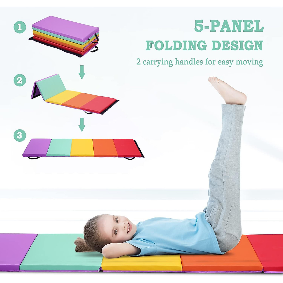Oneofics Gymnastics Mat, 5-Panel Folding Kids' Tumbling Exercise Mat with Carrying Handles for Home Gym Workout & Active Play
