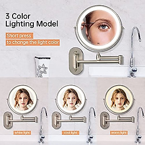 Rechargeable Wall Mounted Lighted Makeup Vanity Mirror 8 Inch Double Sided 1X 10X Magnifying Bathroom Mirror, 3 Color Lighting, Touch Screen Dimming, Extended Arm 360 Rotation Shaving Light up Mirror