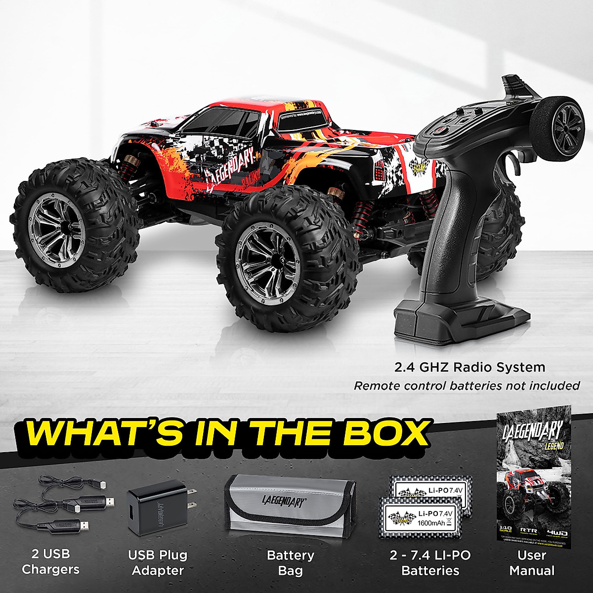 LAEGENDARY 1:10 Scale 4x4 Off-Road RC Truck - Hobby Grade Brushed Motor RC Car with Batteries, Waterproof Fast Remote Control Cars for Adults