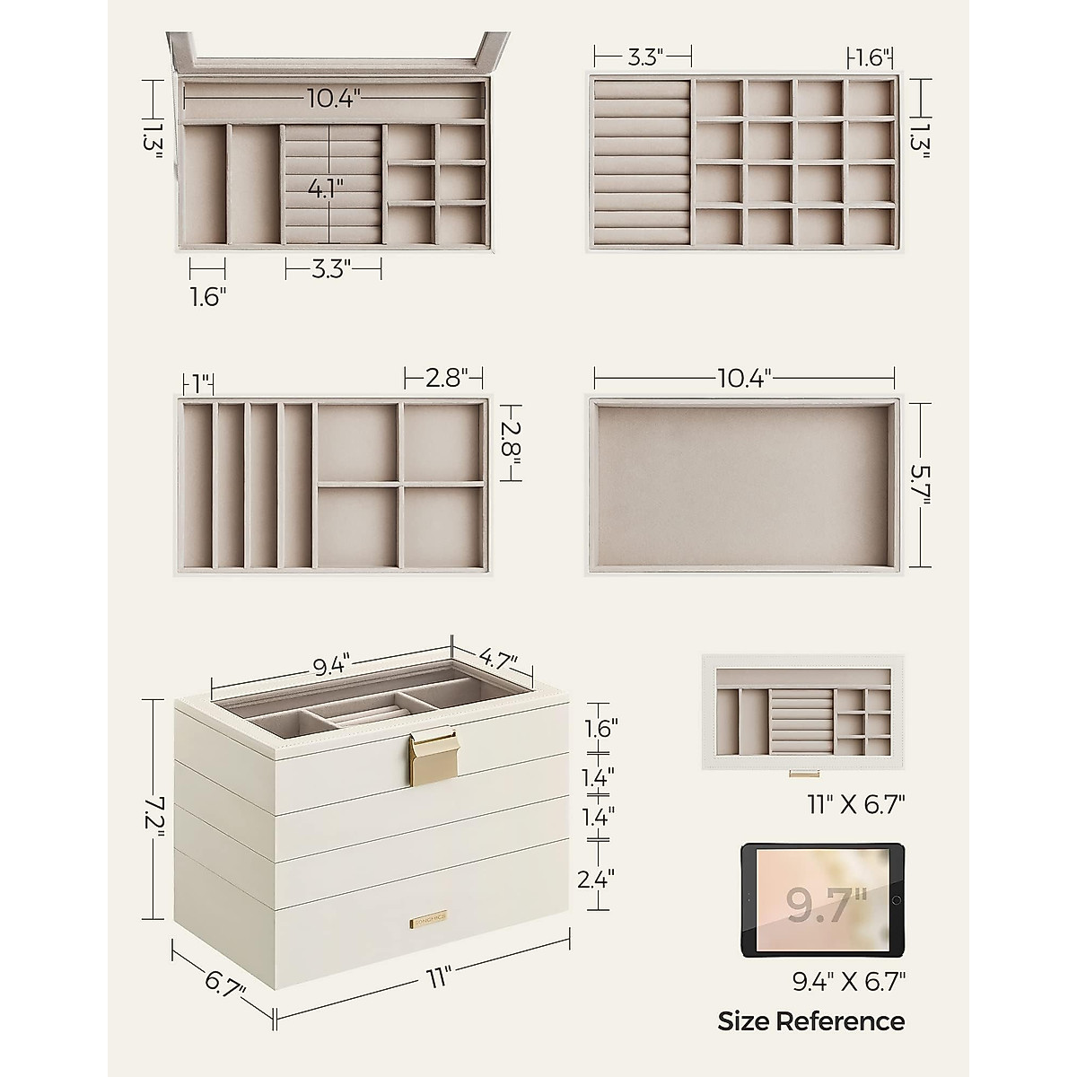 SONGMICS Stackable Jewelry Trays, 4-Tier Jewelry Box, Drawer Jewelry Organizer, with Glass Lid, Removable Dividers, for Vanity Table, 6.7 x 11 x 7.2 Inches, Christmas Gift, Cloud White UJBC164W01