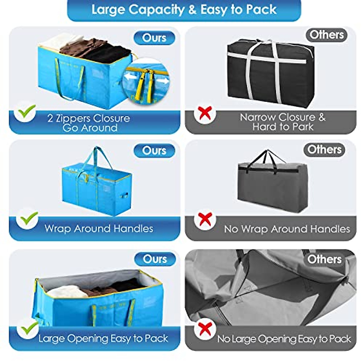 Extra Large Heavy Duty Moving Bags,Storage Bags with Handles for Packing ,4 Large Totes,Waterproof Oversized Organizers,Reinforced Puncture Resistance and Strong Zipper Pulls,Alternative To Moving Box