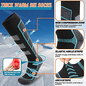 ANTSANG Mens Womens Merino Wool Ski Socks Thermal Warm Winter Thick Knee High Gift Socks Skiing Snowboarding Socks 3 Pairs(Arrow-Ski Grey/Blue A,M)