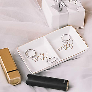 Quany Life Mr Mrs Jewelry Ring Dish Ceramic Trinket Tray Wedding Engagement Gift for Bride Desk Storage for Mrs Engaged Gifts Mr Mrs Gold Engagement Honeymoon Gifts Friend