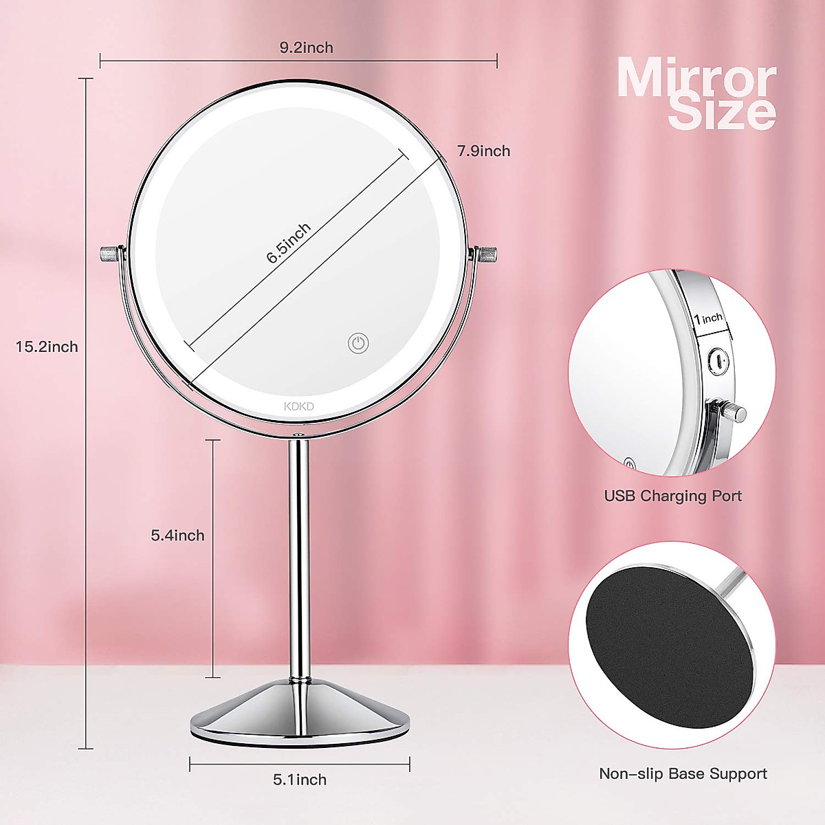 KDKD Lighted Makeup Mirror 7X Magnifying Swivel Vanity Mirror with 72 LED Lights 3 Color Modes, 8 Inch Round Tabletop Standing Polished Chrome Finished Cosmetic Mirror Rechargeable.