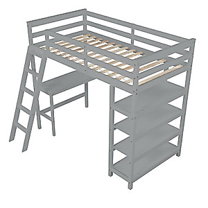 Bellemave Twin Loft Bed with Desk & Shelves for Teens Adults, Wood High Loft Bed Frame with Bookcase & Angle Ladder for Kids Boys Girls, Full-Length Guardrail, Twin Size, Gray