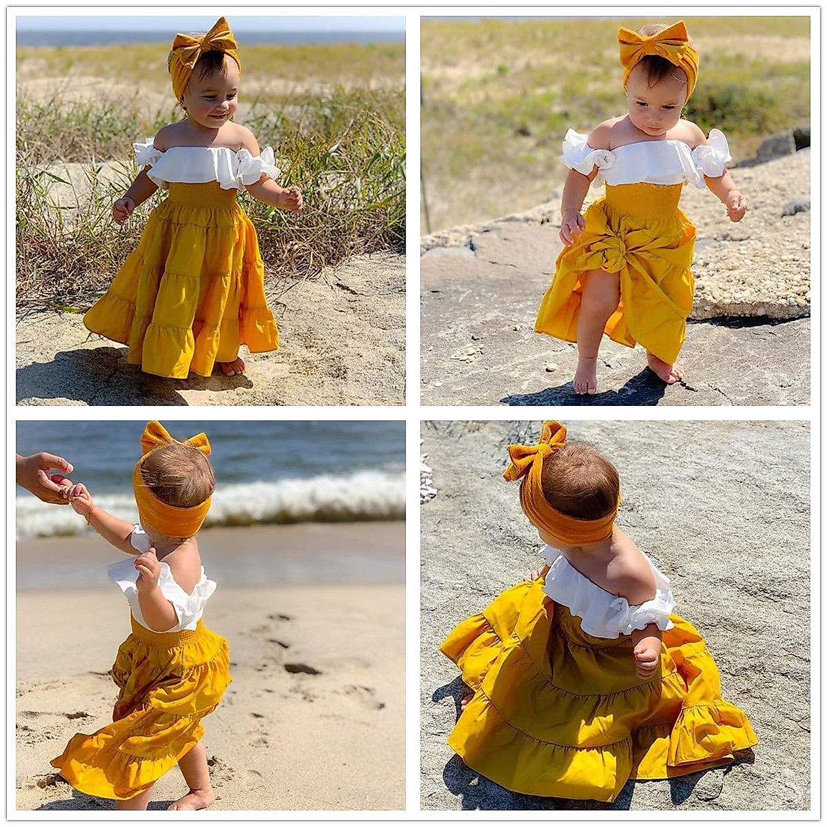 LXXIASHI 3PCS Toddler Baby Girl Off Shoulder Ruffle Crop Top + Maxi Long Skirt + Headband Outfits Set (White Yellow, 3-4 Years)