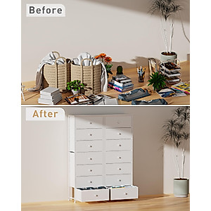 Tall Fabric Dresser for Bedroom, Vertical Storage Organizer Tower with 7 Drawers, Chest of Drawers with Bins, Steel Frame, Wood Top for Bedroom, Closet, Entryway White