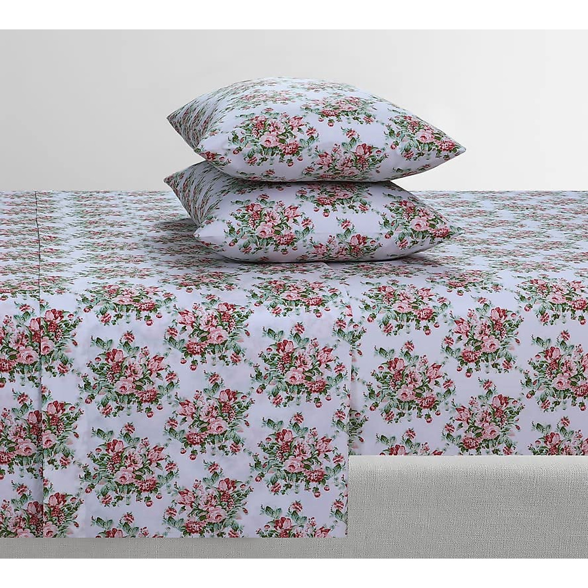 Feather & Stitch Softest 100% Cotton Sheets, 4 Pc Set, 300 Thread Count Percale Weave Bedding, 16" Deep Pocket, Cooling Sheets, Breathable Bed Set (Full, Sheet Sets, Floral)