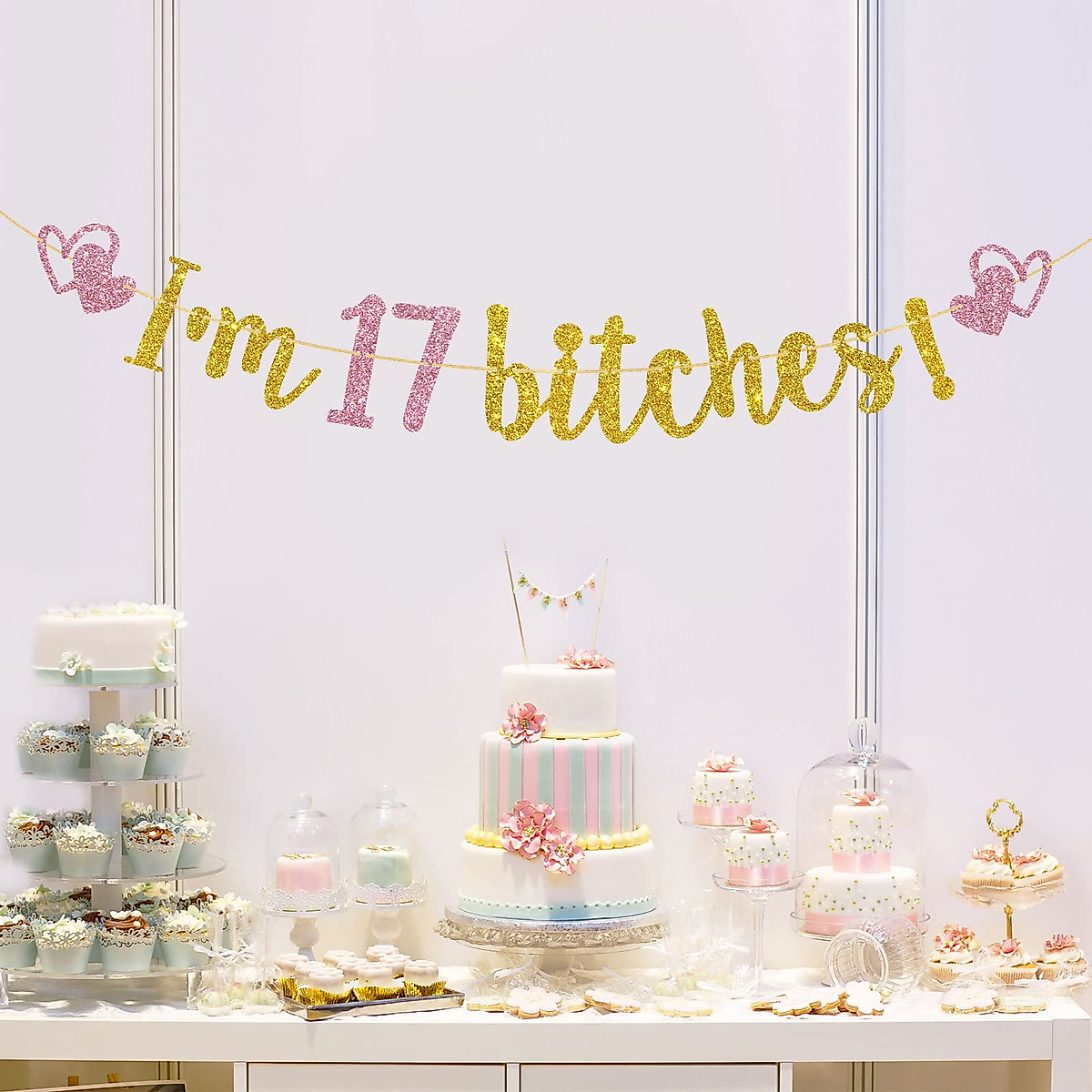 T-minimalist I'm 17 Bitches Banner, Gold & Pink Glitter Funy Happy 17th Birthday Banner, 17 Years Old Birthday Sign, Cheers to 17 Years Party Decorations Supplies, 7.5 Feet