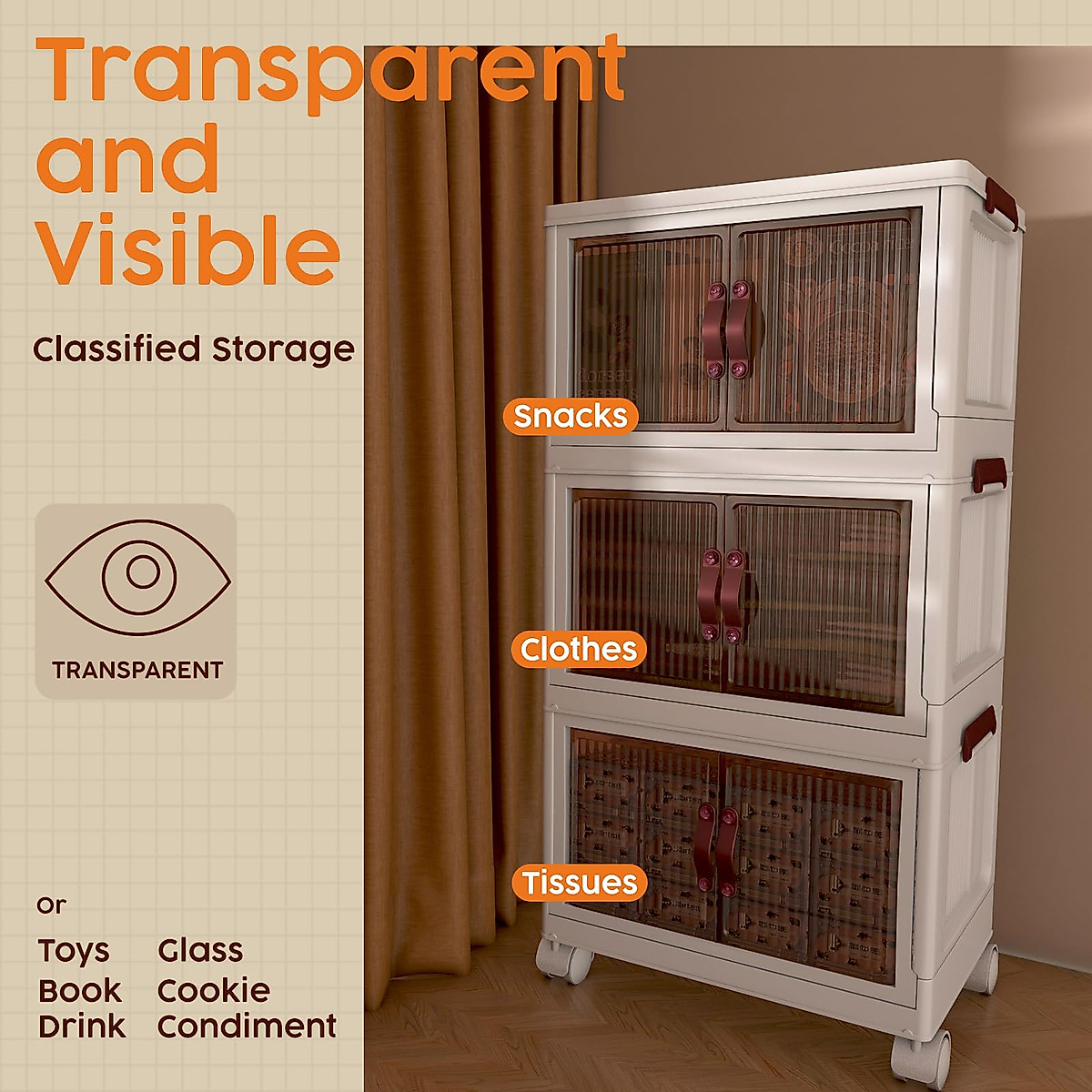 CNDSE 8.6Gal Foldable Double Door Storage Box, Collapsible Plastic Containers with Lids, White Stackable Storage Bins with Lockable Wheels, 3 Tiers