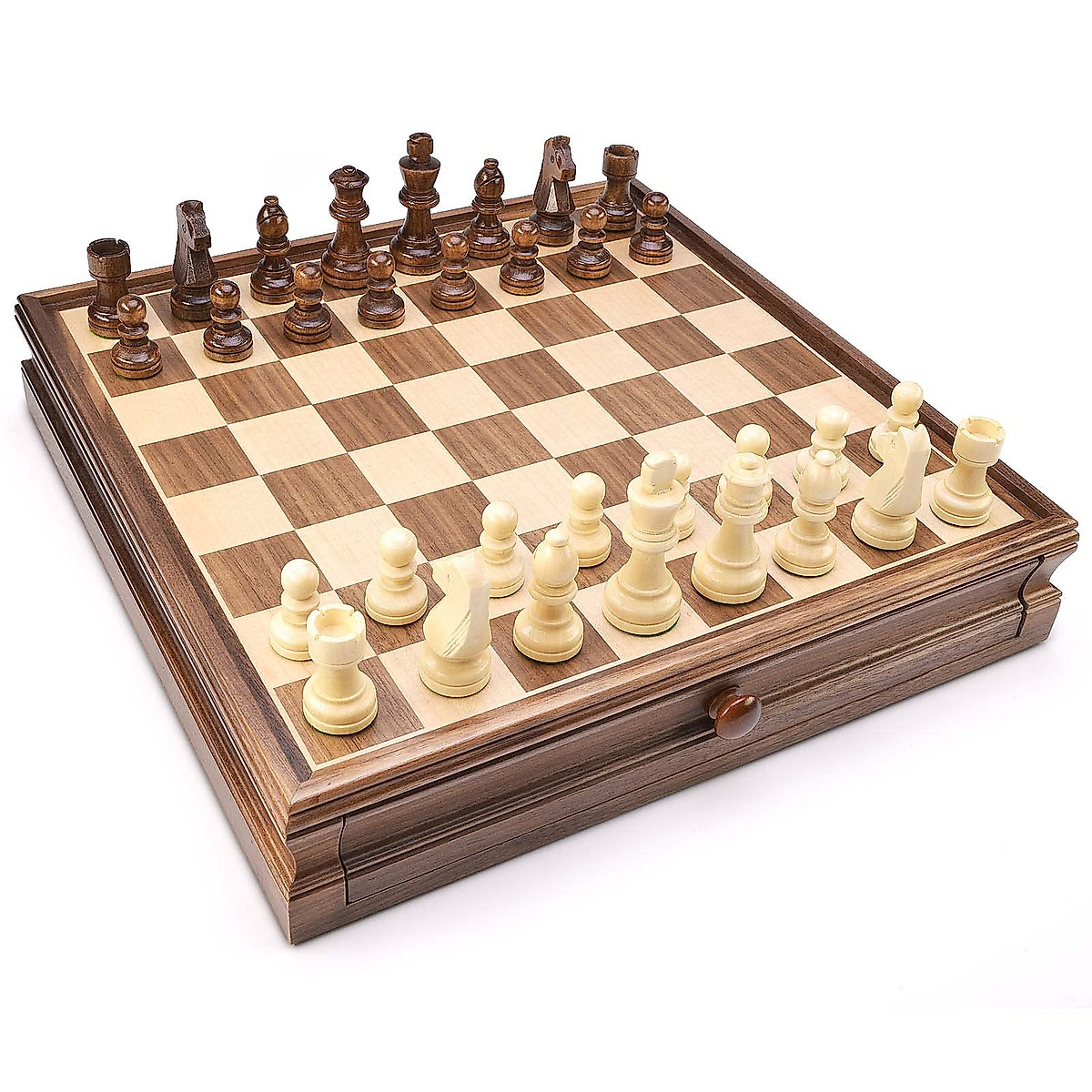 AMEROUS 15" x 15" Wooden Chess & Checkers Set with Built-in Storage Drawers/Weighted Chess Pieces / 2 Bonus Extra Queens / 24 Cherkers Pieces/Classic 2in1 Board Games for Kids, Adults
