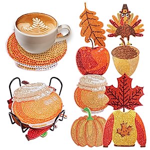 8Pcs Fall Diamond Art Painting Coasters Thanksgiving Diamond Art Coasters Kits with Holder Pumpkin Maple Leaf Turkey DIY 5D Diamonds Coasters for Autumn Harvest Party Adults Kids Beginners Craft