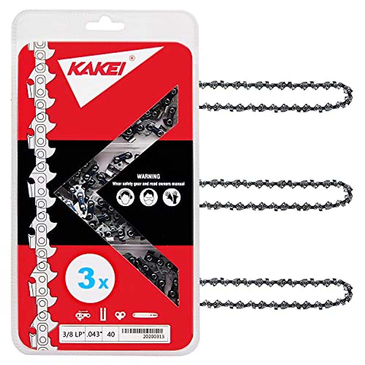 KAKEI 10 Inch Chainsaw Chain Fits Ryobi, Worx, Echo - 3/8" LP Pitch, 043" Gauge, 40 Drive Links, R40 (3 Chains)