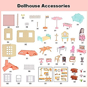 RASSR Dollhouse for 2-3 Year Old Girls, Doll House with Lights, Steam Chimney and Garden Building Toys, DIY Pretend Dollhouse Kit with Dollhouse Furniture Accessories and Doll, Doll House 4-5 Year Old