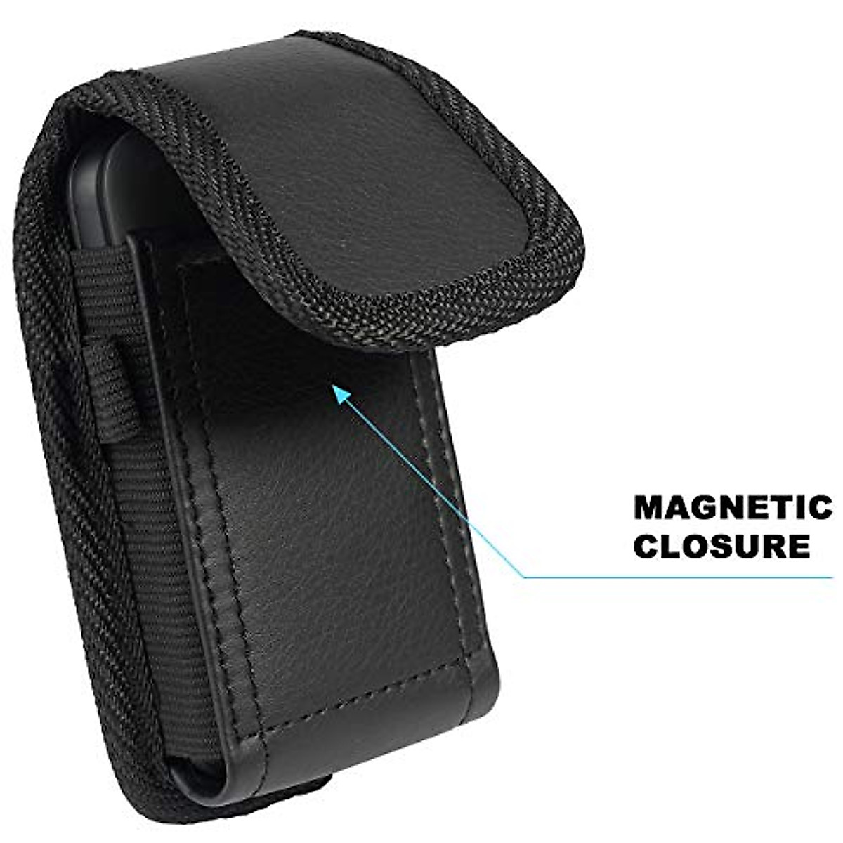 Flip Phone Case, Nakedcellphone Black Vegan Leather Vertical Pouch [with Belt Loop, Metal Clip, Magnetic Closure] for Alcatel Go Flip V, MyFlip, TCL Flip Pro Classic, Cingular Flip 4, Nokia 2720 2760