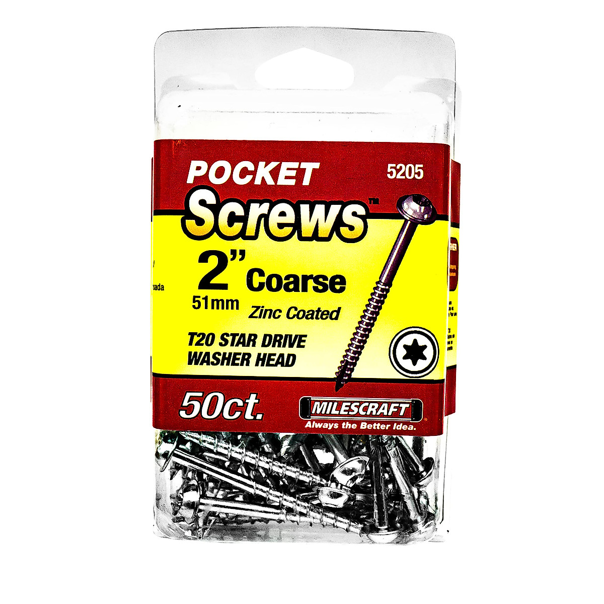 Milescraft 5205 Wood Pocket Hole Screws - #7 x 2" Washer Head with Coarse Thread (50pc.), Torx Drive Self-Tapping, For Indoor Use