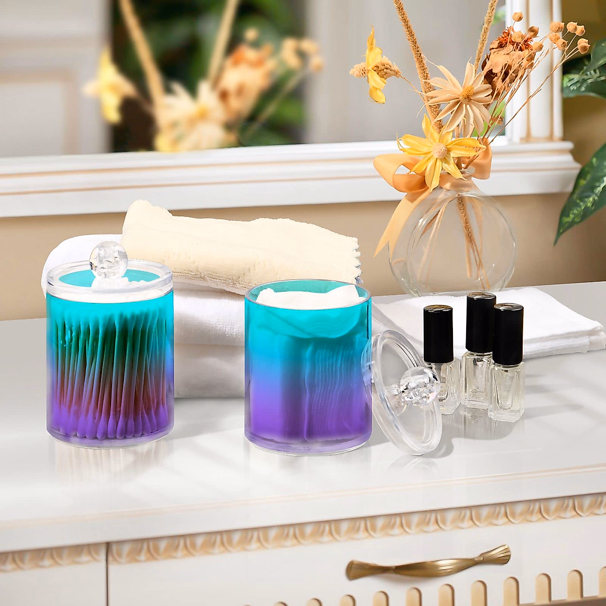 Bright Turquoise Purple Qtip Dispenser Apothecary Jars Bathroom Qtip Holder Storage Canister Plastic Jar 10 Oz for Cotton Ball Swab Round Pads Floss 4pcs