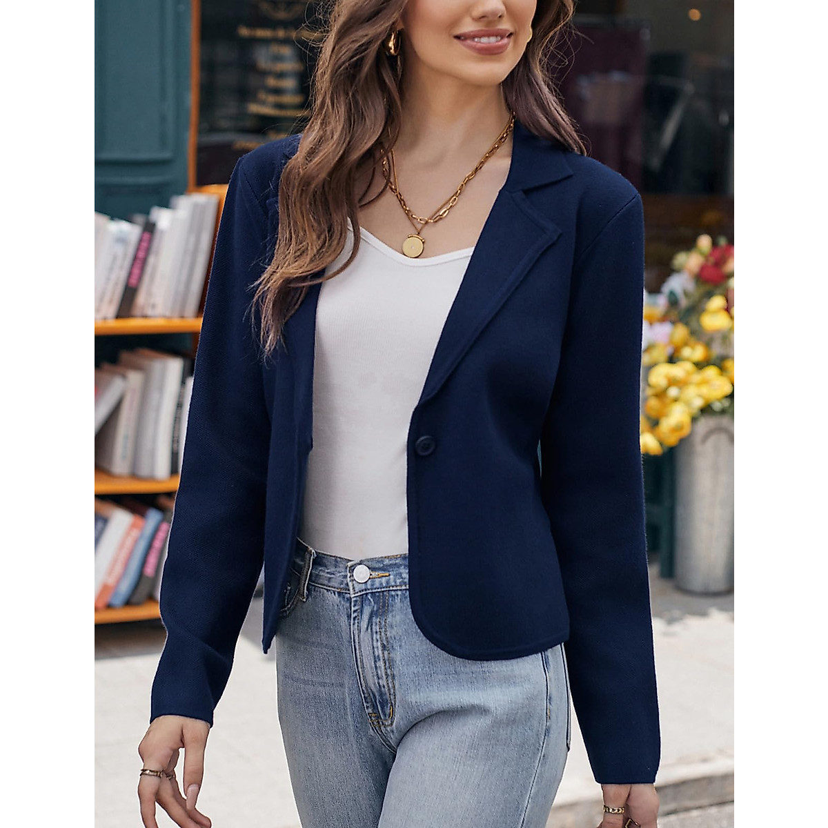 Women Causal Lightweight Sweater Blazers Cropped Dressy Cardigan Jacket Notch Collar Knit Blazer Navy Blue M