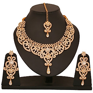 Touchstone Indian jewelry set for women bollywood gold jewellery wedding outfits necklace sets earrings bridal maang tikka fancy costume girls ethnic big desi accessories rhinestone in gold tone