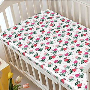 Rose Themed Fitted Mini Crib Sheets,Portable Mini Crib Sheets Soft and Breathable Bed Sheets-Great for Boy or Girl Room or Nursery,24“ x38“,Rose Dark Coral