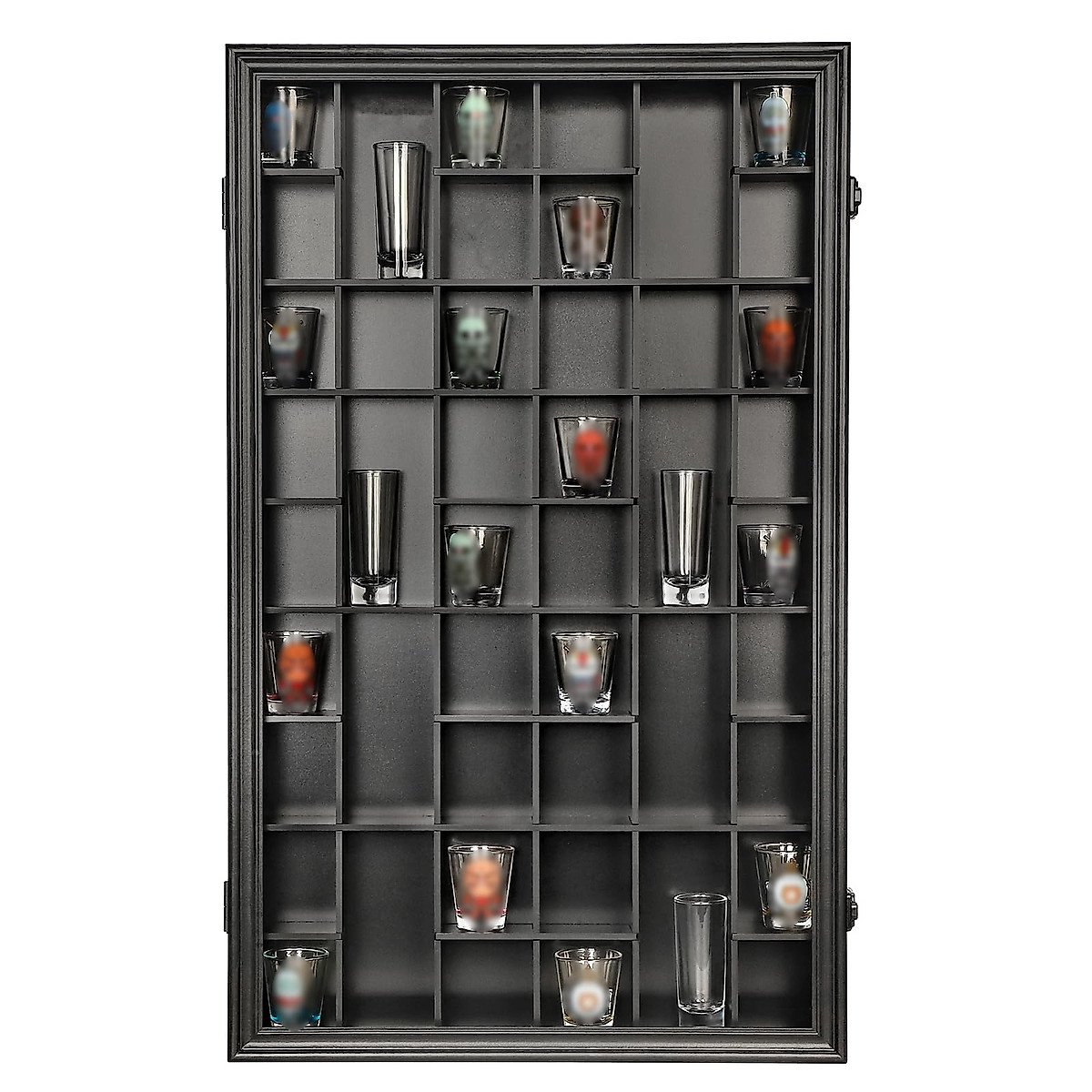 Sboitflmm Shot Glass Display Case - 46 Shot Glass Holder - Shot Glass Shelf Wall Mount Wooden Lockable with Removable Shelves for Collection Shot Glass UV Protection Acrylic Glass Door, Black