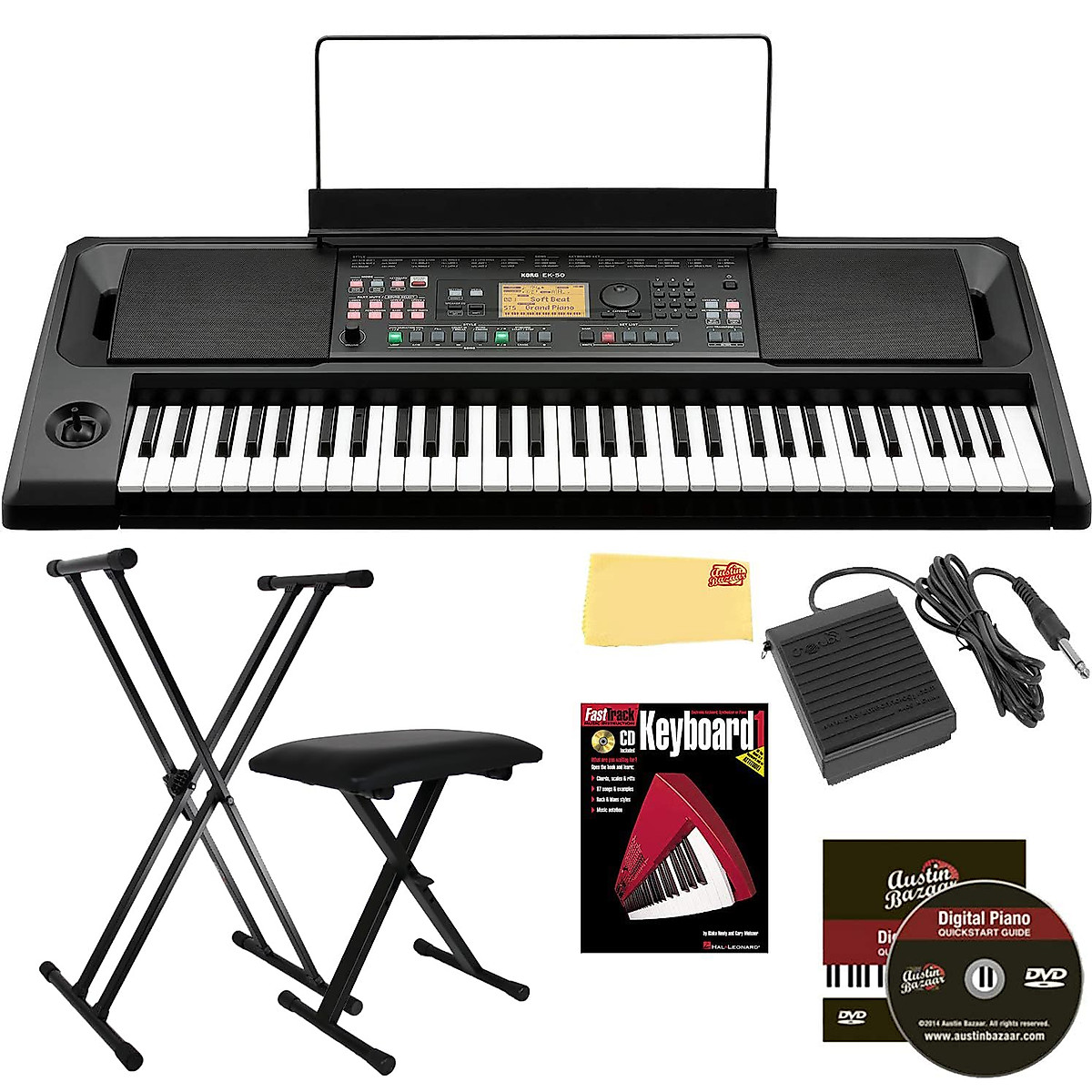 Korg EK-50 Entertainer Keyboard Bundle with Adjustable Stand, Bench, Sustain Pedal, Instructional Book, Austin Bazaar Instructional DVD, and Polishing Cloth