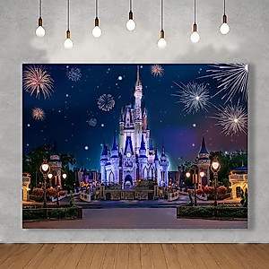 KUKUSOUL 7x5ft Castle Night Backdrop Fireworks Background for Children and Girl Birthday Party Photo Video Shooting Props KU683