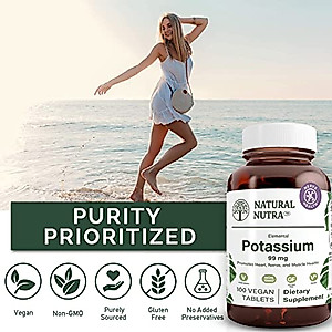 Natural Nutra Elemental Potassium Gluconate Dietary Supplement, Energy and Nervous System Health, Maintains Optimal Fluid Balance, Promotes Heart Health, 99 mg, 100 Vegan Tablets