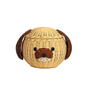 G6 COLLECTION Dog Rattan Storage Basket with Lid Decorative Bin Home Decor Hand Woven Shelf Organizer Cute Handmade Handcrafted Gift Art Decoration Artwork Wicker Puppy (Dog Head)