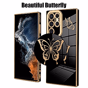 MZELQ for Samsung S22 Ultra 5G Case Butterflies Design for Women Girls,Cute Luxury Plating Edge Bumper Full Camera Lens Protection Cover for Galaxy S22 Ultra 5G 6.8“-Black
