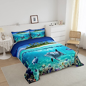 Dolphin Bedding Set Kids Cute Ocean Animal Comforter Set Boys Girls Hawaiian Sealife Decor Comforter Beach Aquarium Duvet Set Quilt Full Size Boys