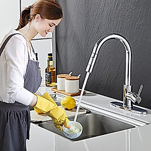 KSUCBOHAR Kitchen Faucets with Pull Down Sprayer，Single Handle High Arc Kitchen Sink Pull Out Faucet with Deck Plate，Commercial Modern Stainless Steel rv Kitchen Faucet，Glossy