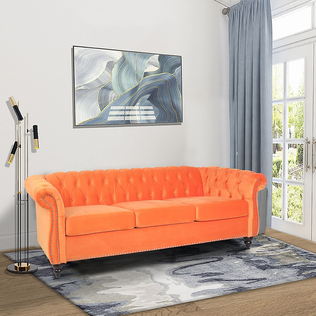 LEVNARY Velvet Chesterfield Sofa, Classic Tufted Upholstered Couch, Modern 3 Seater Couch Long Settee Furniture with Tufted Back for Living Room Office (Orange)