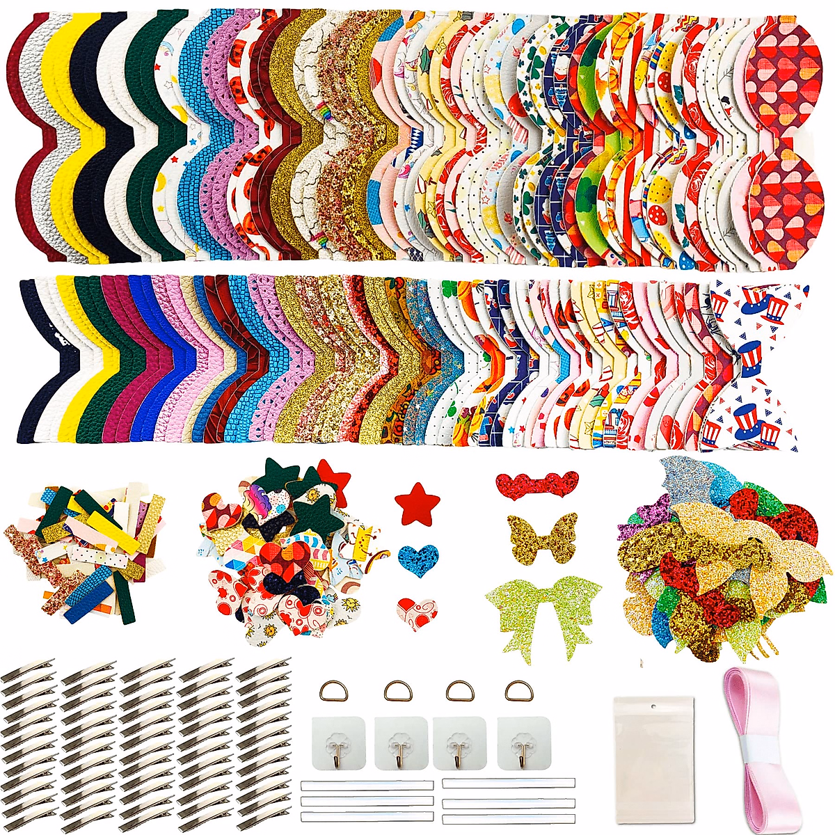 AOUXSEEM 348 Pcs 60 Set Faux Leather Hair Bows DIY Making Kit for Beginners, Contains Assorted Random Printed Glitter Solid Fabric Pre Cut Pieces, Make Stylish Girls Hair Clips