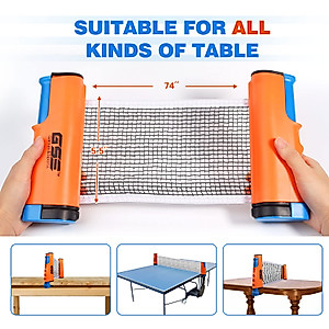 GSE Ping Pong Paddle Set, Portable Table Tennis Set with Retractable Ping Pong Net & Post, 2 Paddles & 3 Ping Pong Balls, Anywhere to-Go Ping Pong Game Set for Any Tables(Orange)